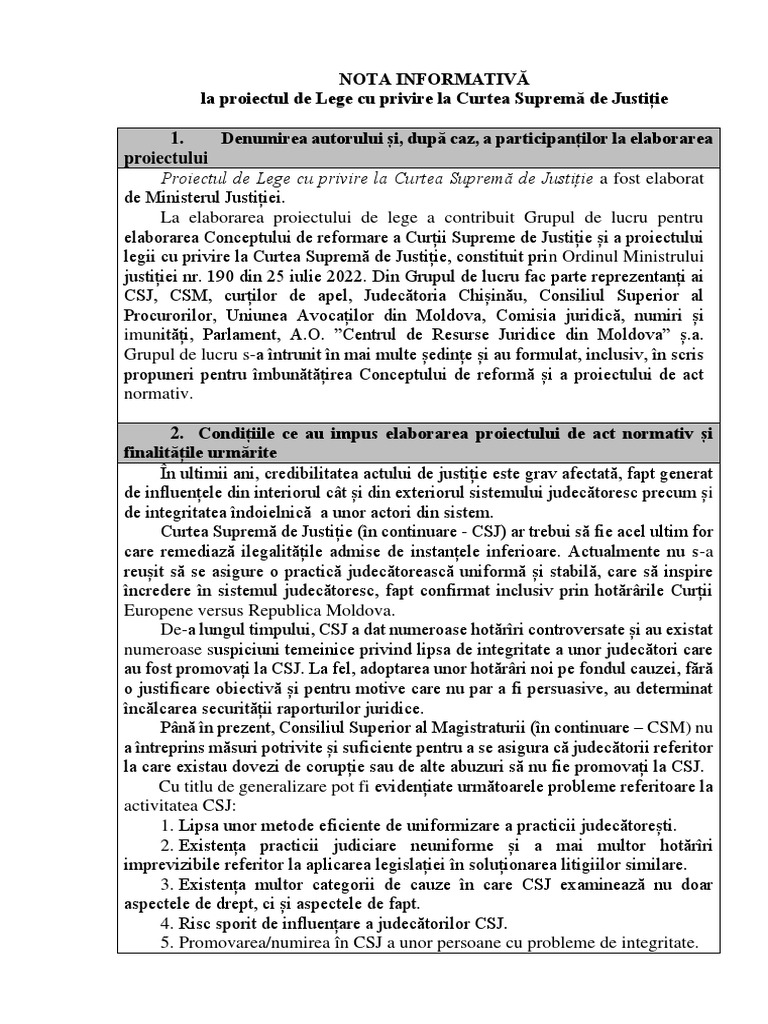 Nota Informativa La Proiectul Legii CSJ | PDF