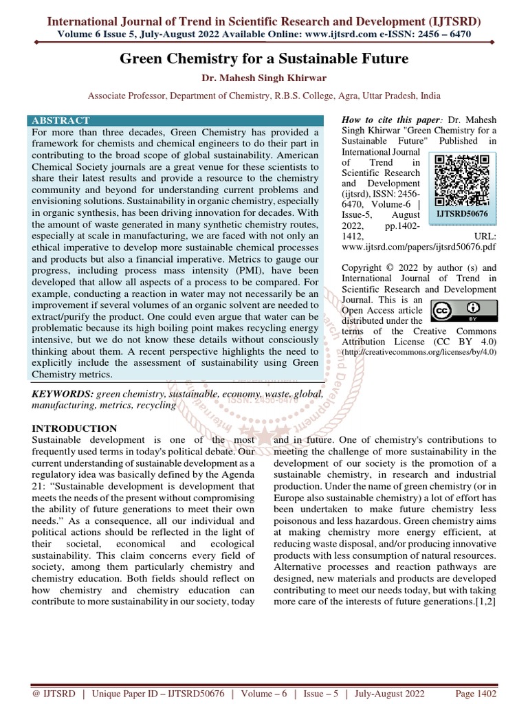 Green Chemistry For A Sustainable Future | PDF | Green Chemistry ...
