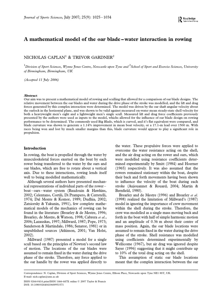 A Mathematical Model of The Oar Blade - Water Interaction in Rowing | PDF | Rowing | Force