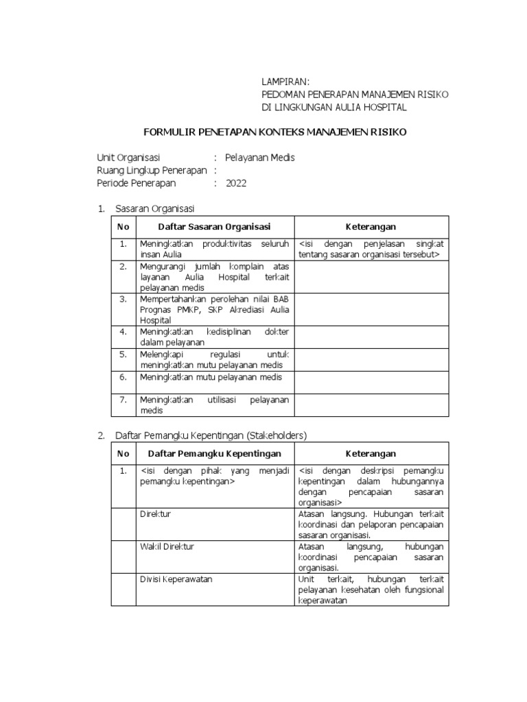 Contoh Form Manajemen Risiko Yanmed | PDF