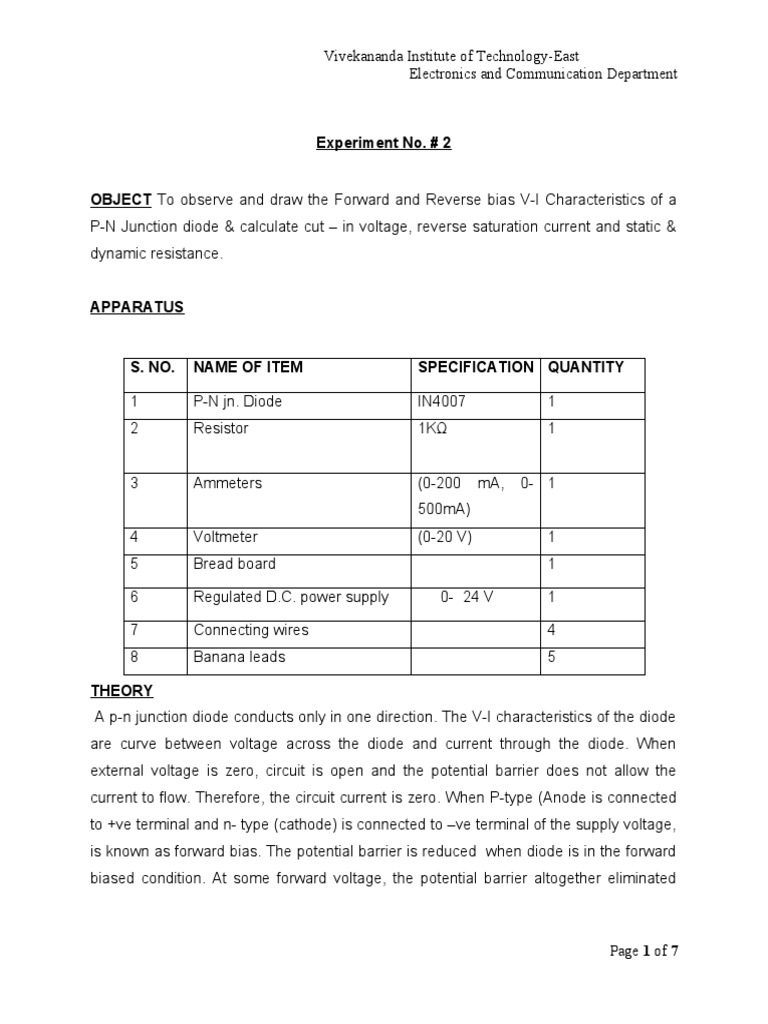 Characterization of the Forward and Reverse Bias V-I Characteristics of a PN Junction Diode ...