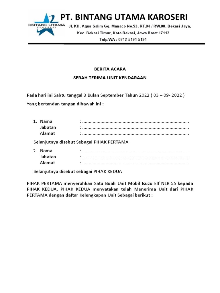 Berita Acara Serah Terima Mobil | PDF