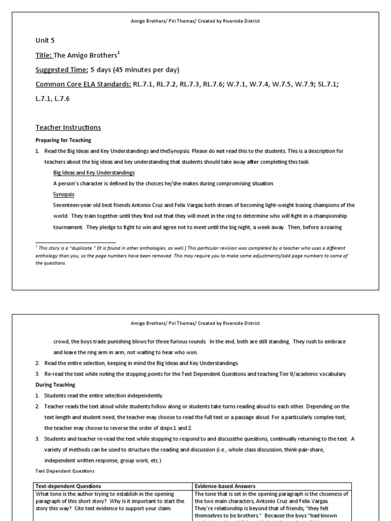 Amigo Brothers. Lesson - Story | PDF | Combat Sports