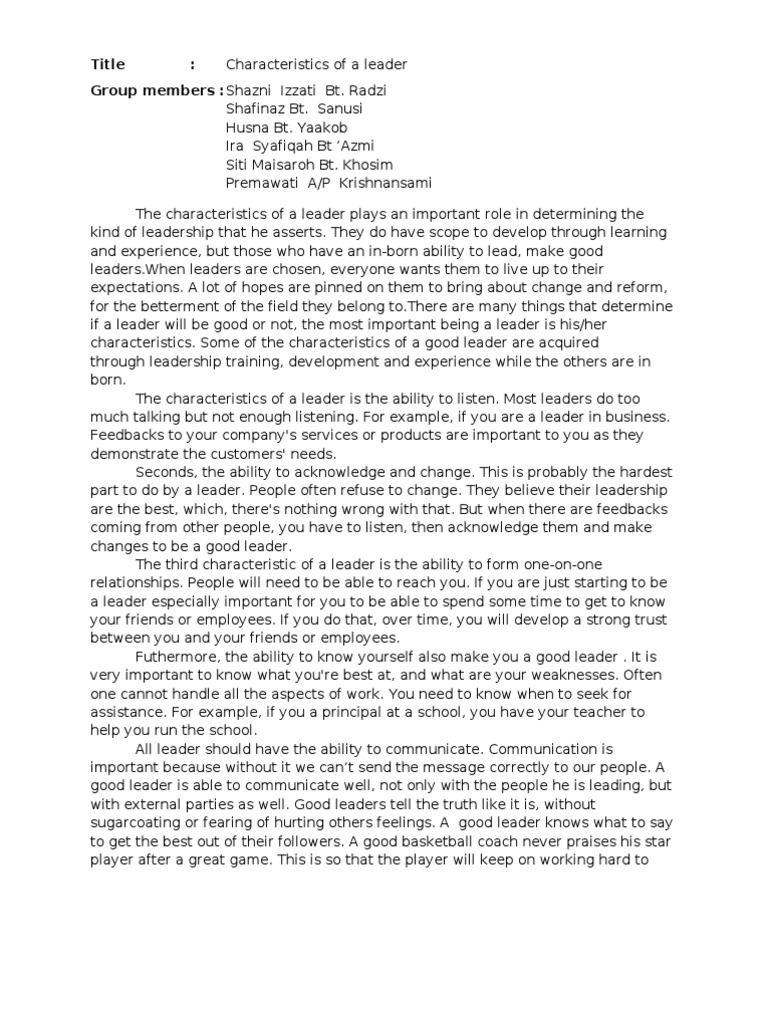 Esei Muet - Characteristic of A Leader | PDF | Leadership | Behavioural ...