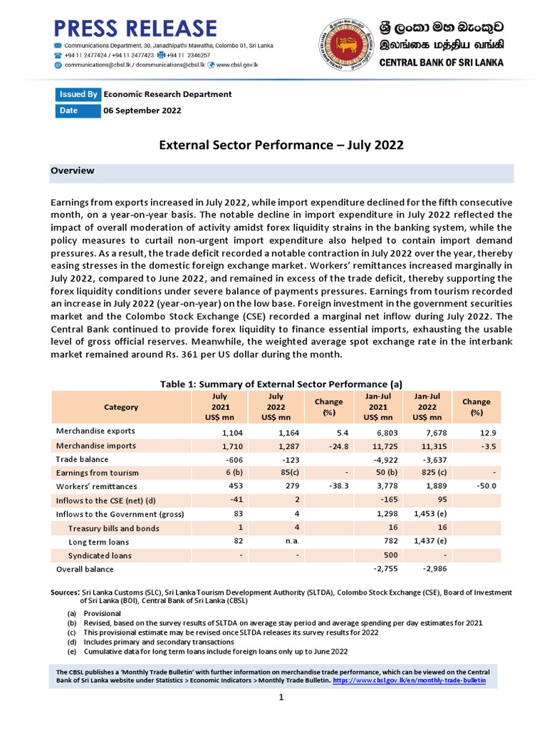 External Sector Performance - July 2022 | PDF | Balance Of Payments ...
