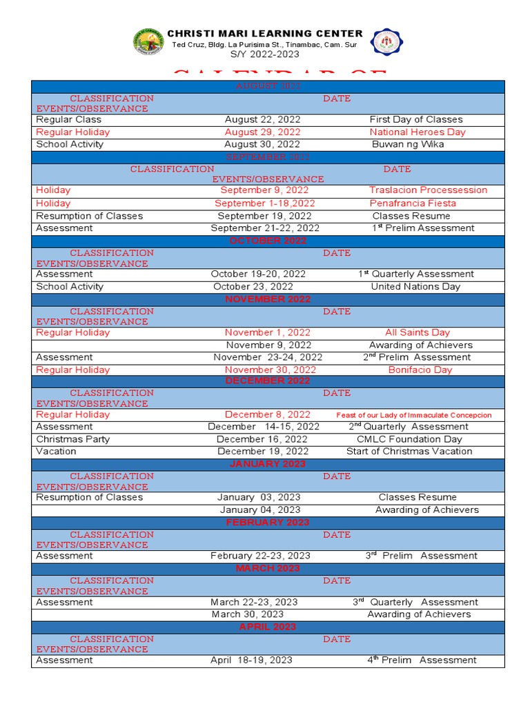 Calendar of Activities 2022 2023 | PDF | Christian Festivals And Holy ...