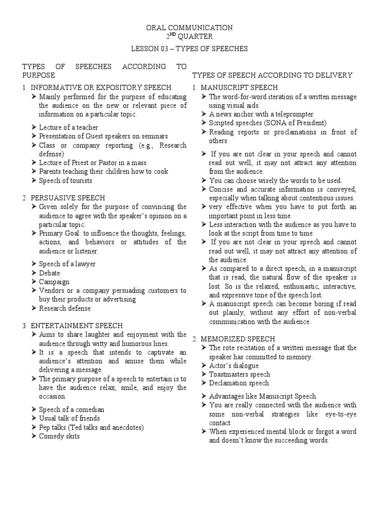 LESSON 03 - Types of Speeches | Download Free PDF | Public Speaking ...