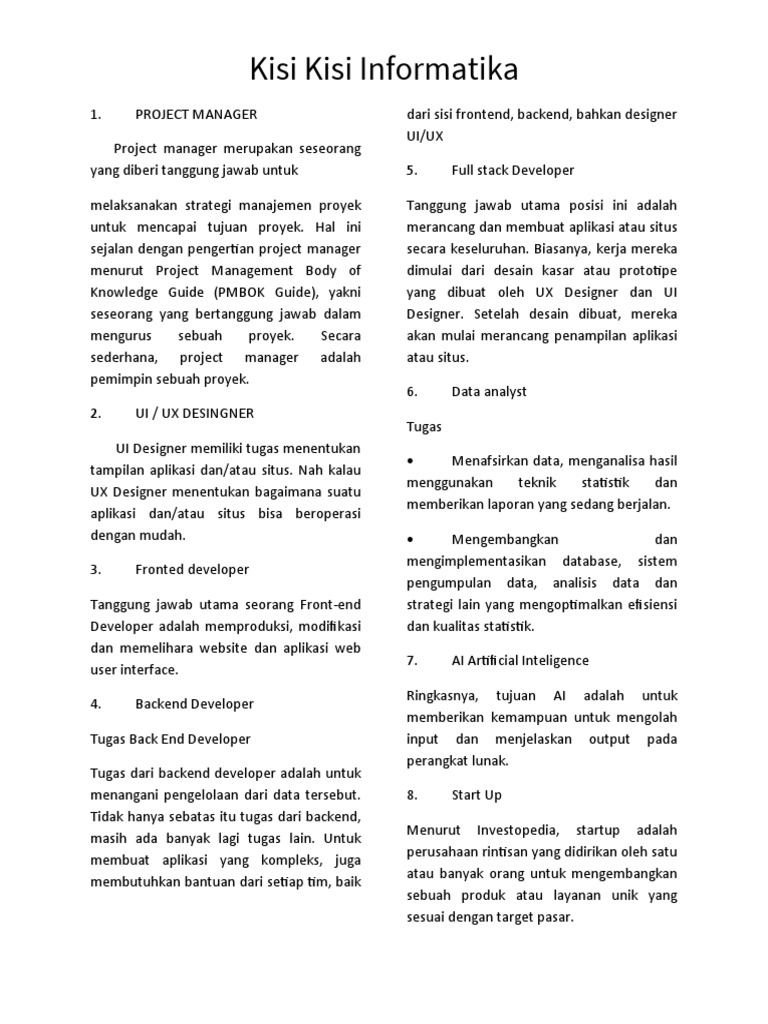 Kisi Kisi Informatika Kelas 10 Kurikulum Merdeka | PDF