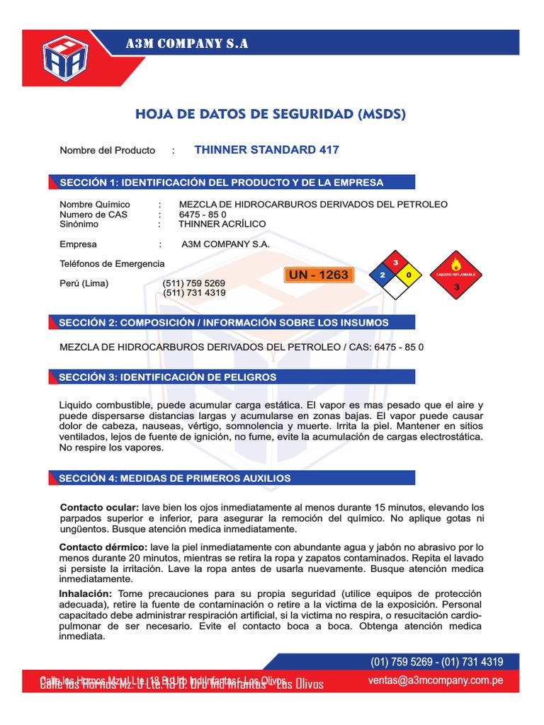 Hoja de Seguridad Thinner Standard 417 | PDF | Agua | Incendios