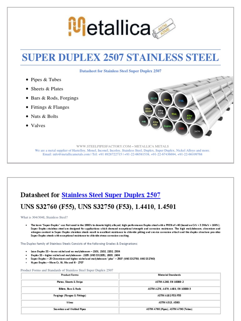Datasheet For Stainless Steel Super Duplex 2507 | PDF | Stainless Steel ...