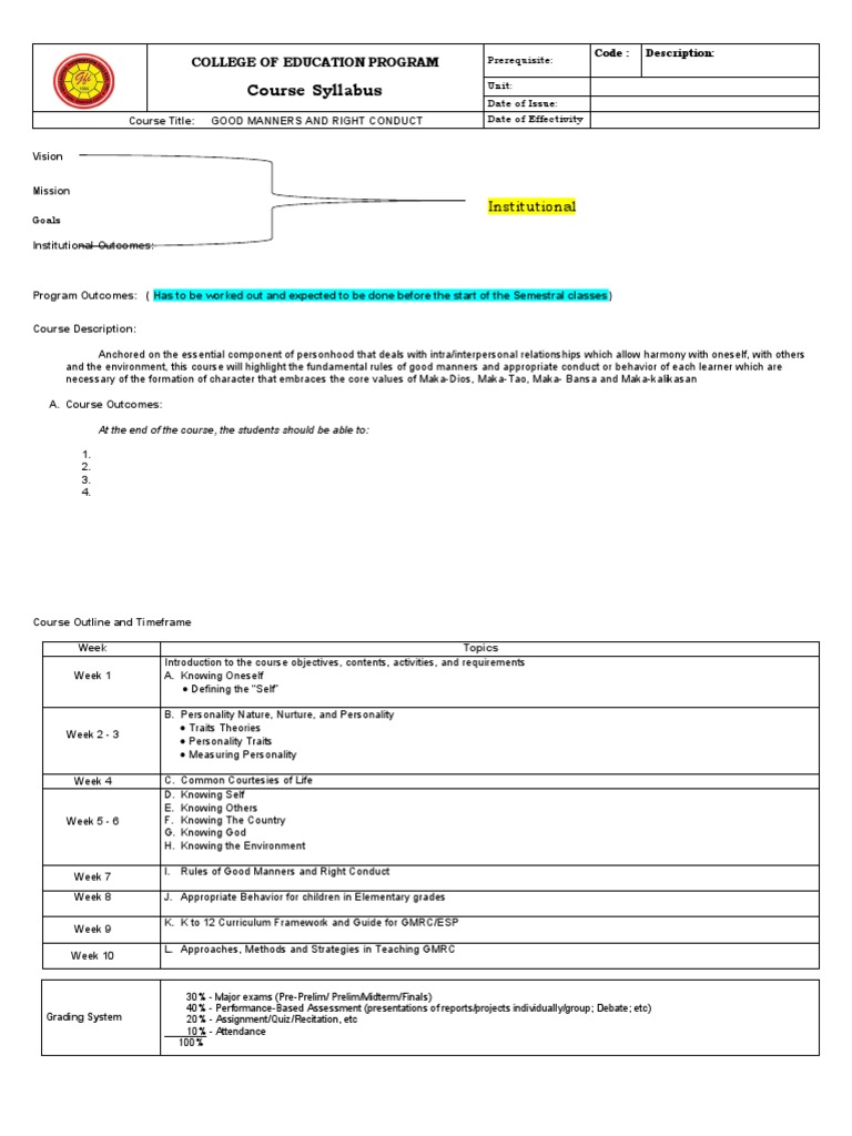 Syllabus GMRC | PDF | Curriculum | Behavior Modification