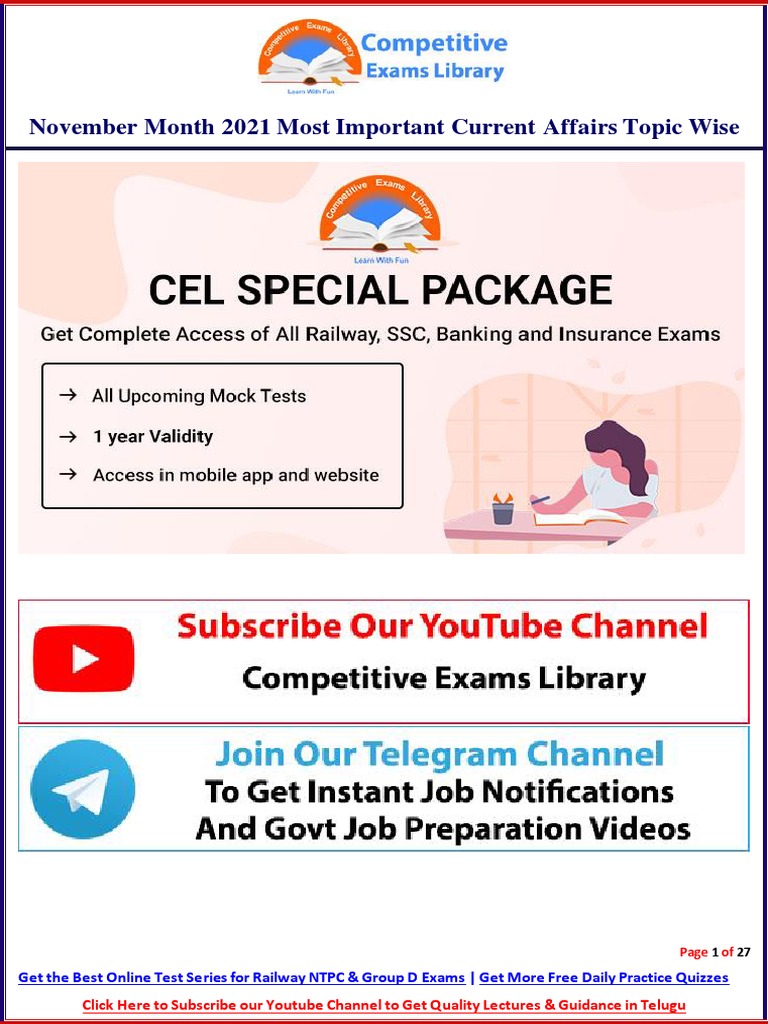 November Month 2021 Most Important Current Affairs Topic Wise | PDF