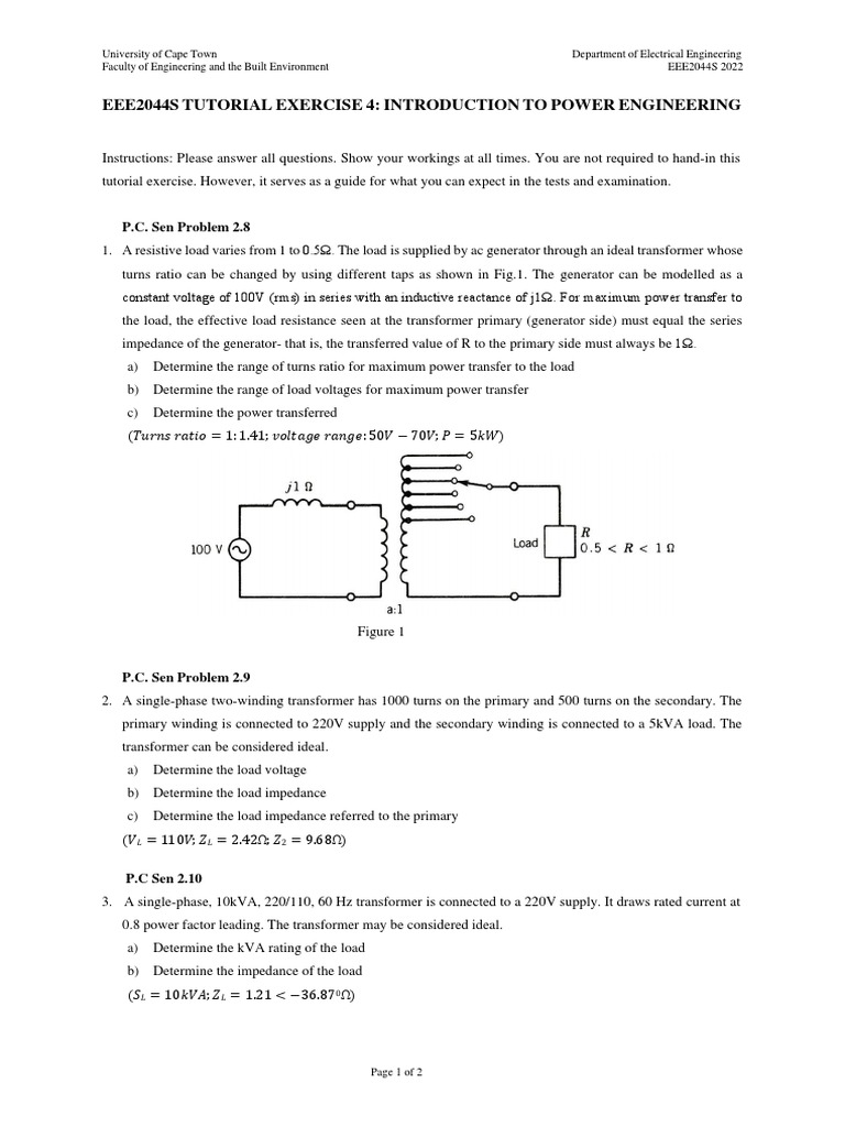 EEE2044S 2022 Tutorial 4 | PDF | Transformer | Electrical Impedance