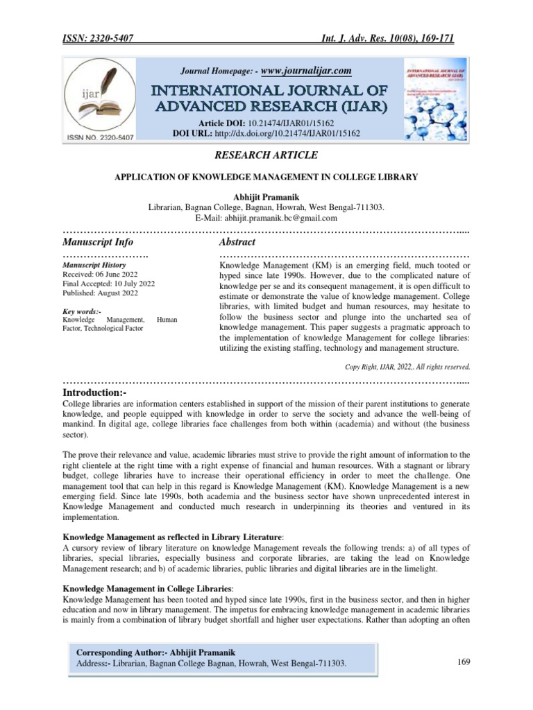 Application of Knowledge Management in College Library | PDF | Libraries | Knowledge Management