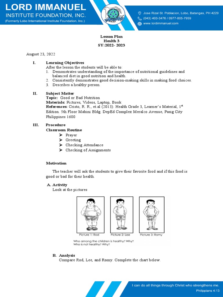 Promoting Good Nutrition and a Balanced Diet: A Lesson Plan on ...