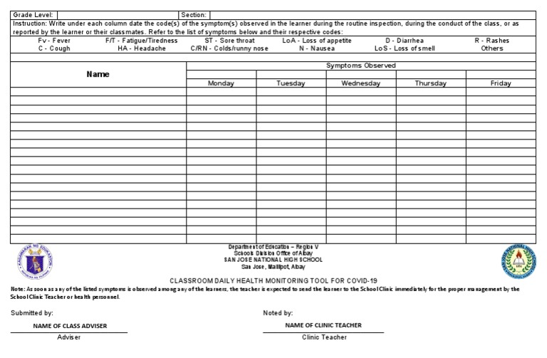 Classroom Health Monitoring Sheet | PDF