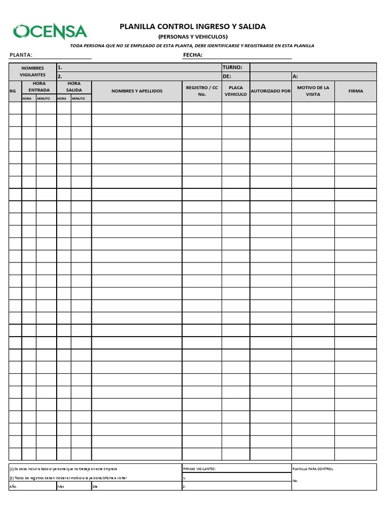 Planilla Control Ingreso y Salida | PDF