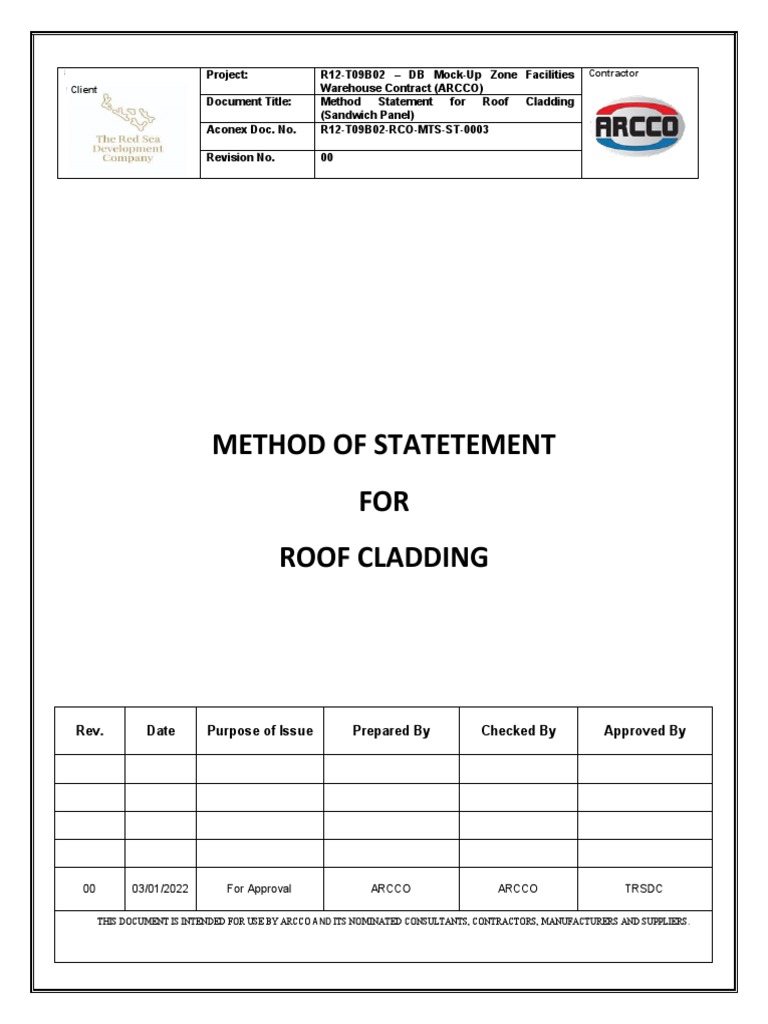 Method Statement Roof Installation 06 01 22 Pdf Roof Building