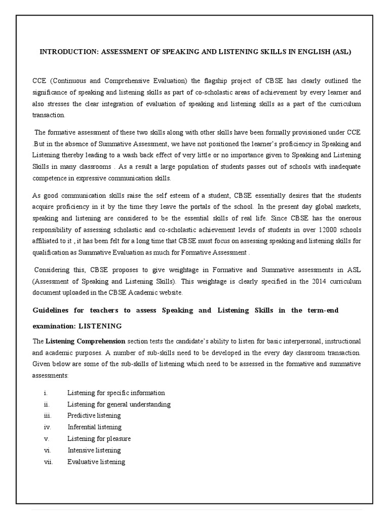 63 Guidelines For Assessment of Speaking and Listening Skills | PDF ...
