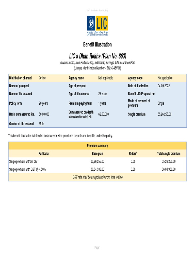 LIC's Dhan Rekha (Plan No. 863) : Benefit Illustration | PDF ...