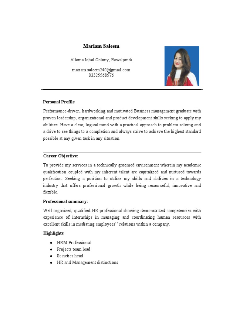 Mariam Saleem (CV) | PDF | Human Resource Management | Economies