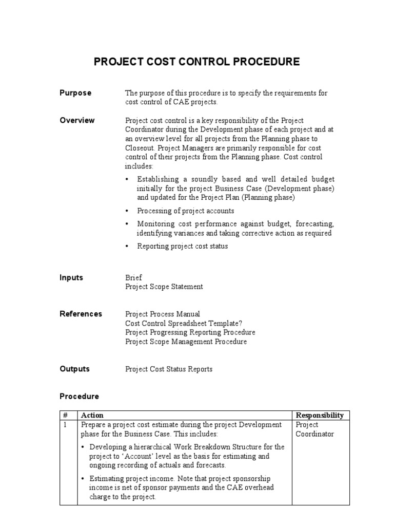 Project Cost Control Procedure | PDF | Cost Accounting | Budget