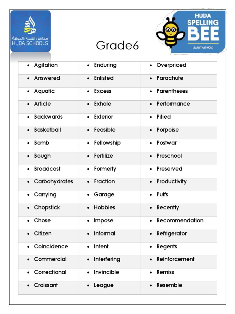 Speeling Bee Grade 6 | PDF