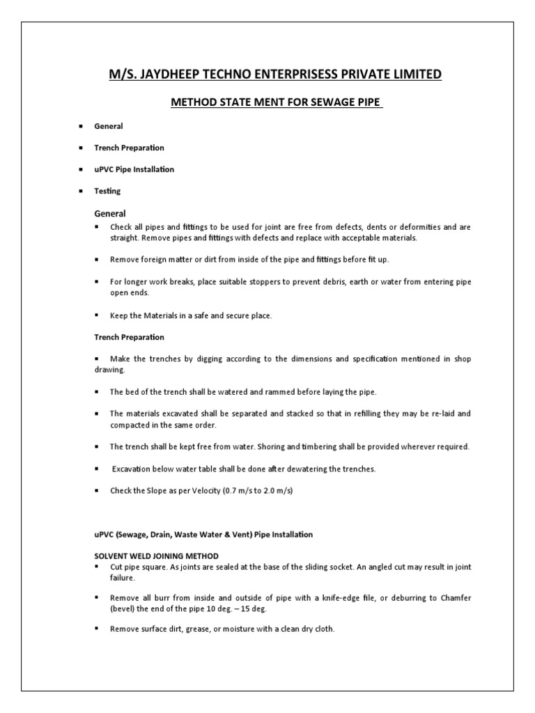 Method Statement For Sewage Piping | PDF | Pipe (Fluid Conveyance) | Water