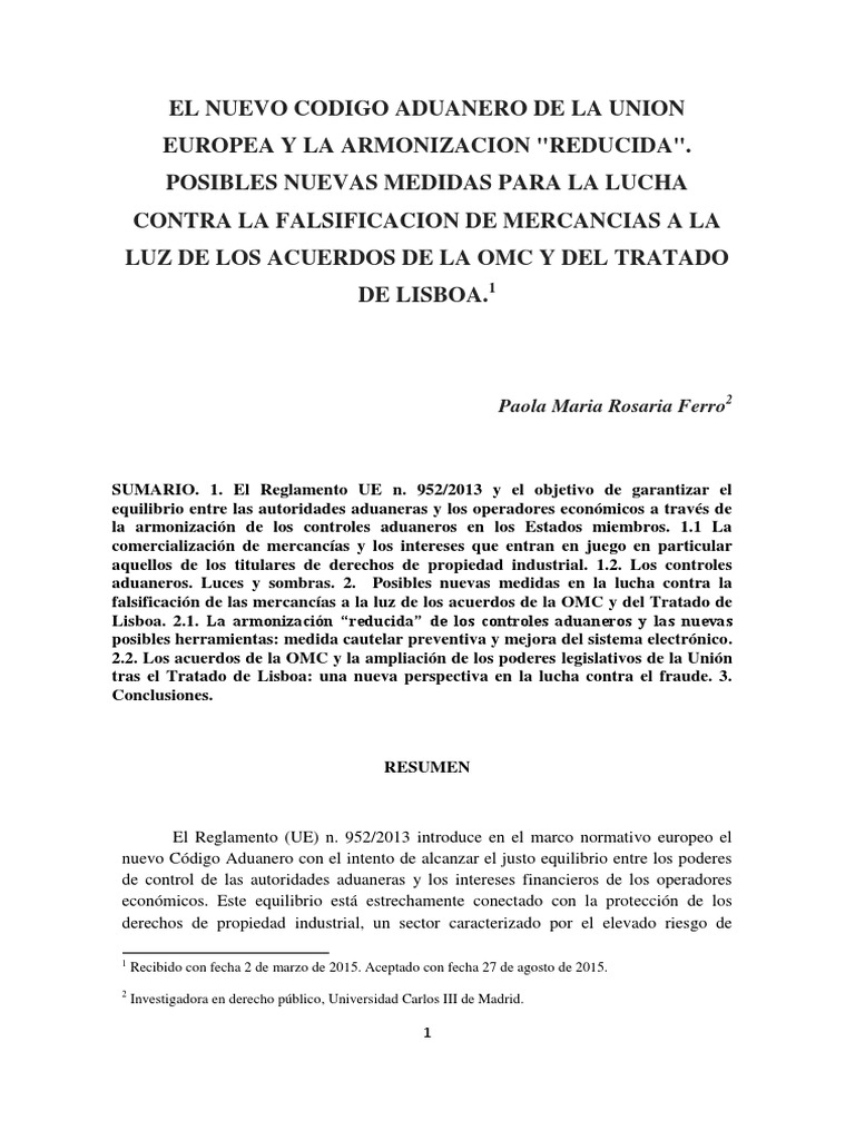 Código Aduanero UE: Armonización y Antifalsificación | PDF | aduana | Acuerdo General sobre ...