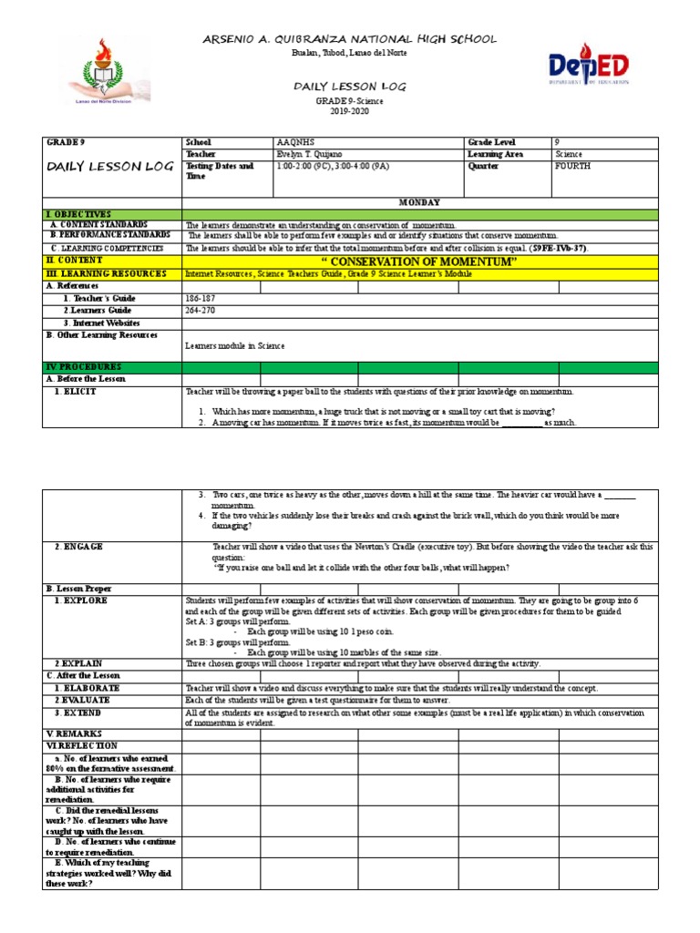 Grade 9 Science Daily Lesson Log: Momentum | PDF | Teachers | Learning