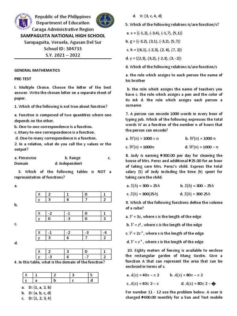 Gen Math Pre Test | PDF | Function (Mathematics) | Mathematical Objects