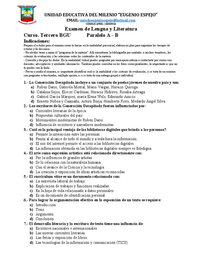 CES Examen de Lengua y Literatura | PDF | Prueba (evaluación)
