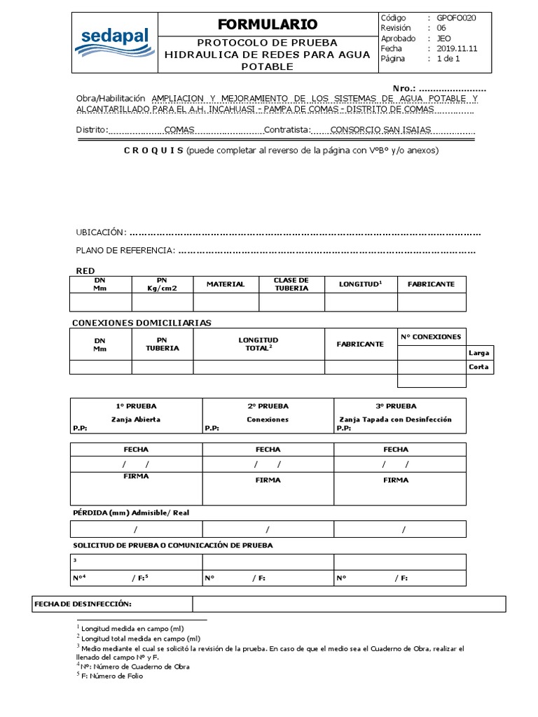 GPOFO020 - Protocolo de Pruebas Hidraulica de Redes para Agua Potable - V06 - CSI | PDF ...
