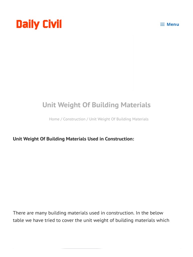 Unit Weights of Construction Materials | PDF | Cement | Building Materials
