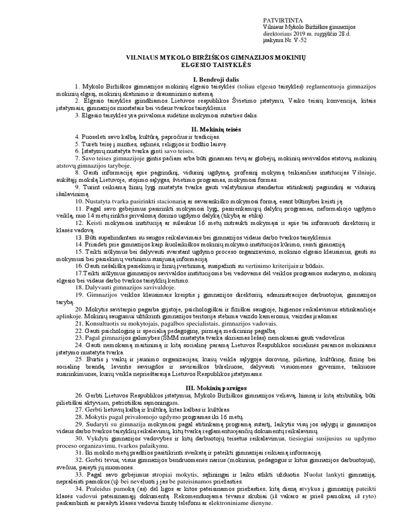 Mokiniu Elgesio Taisykles2020 | PDF