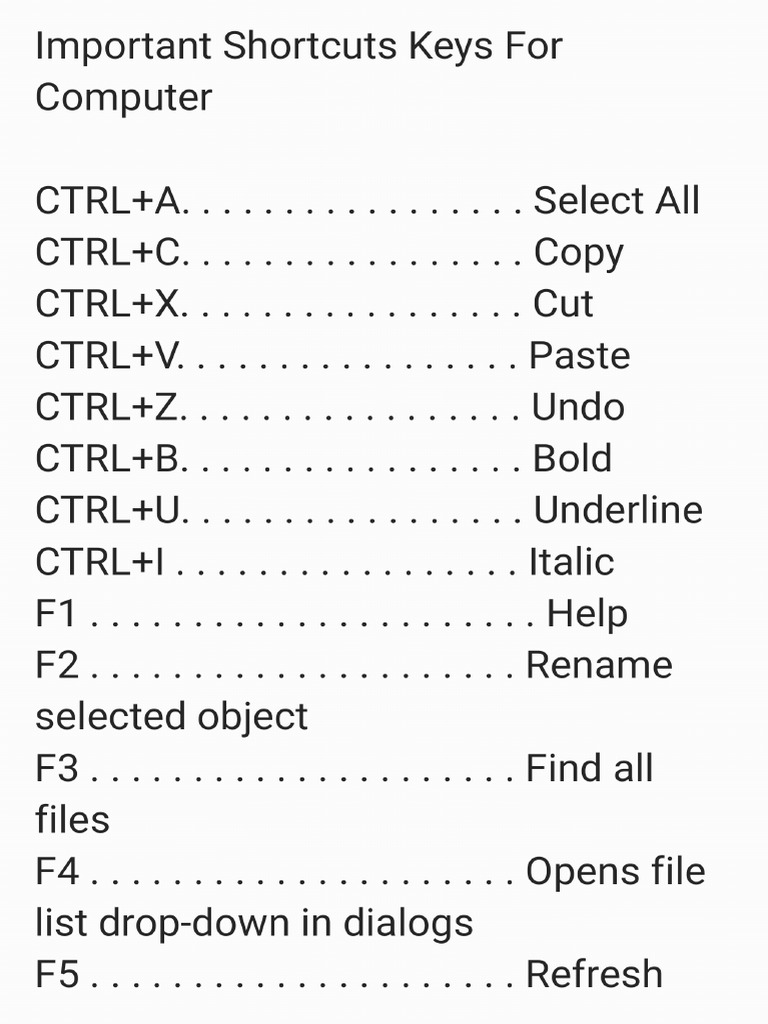 Important Shortcuts Keys For Computer | PDF