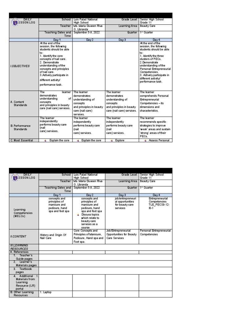 DLL-Beauty Care - Q1 WEEK-1-LQL | PDF | Learning | Nail (Anatomy)