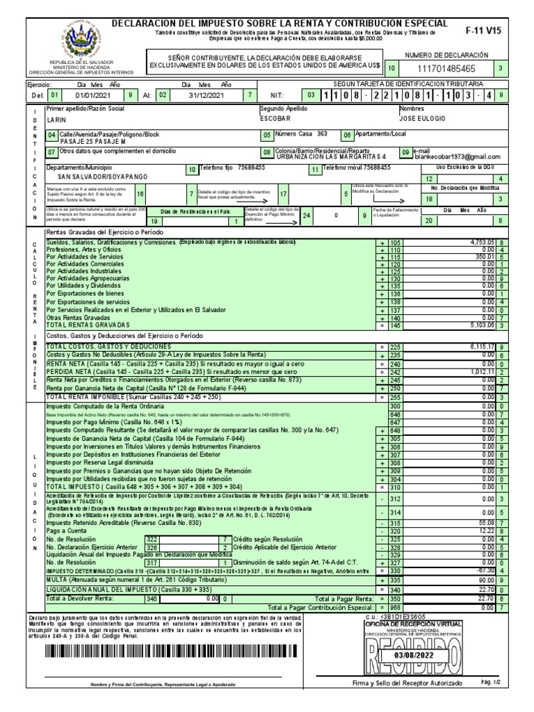 Declaración de Impuesto sobre la Renta y Contribución Especial para ...