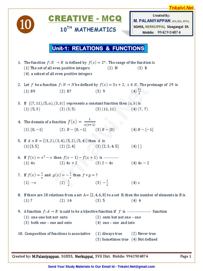 10th Maths - Creative One Mark Questions With Answer Key - English Medium | PDF | Function ...