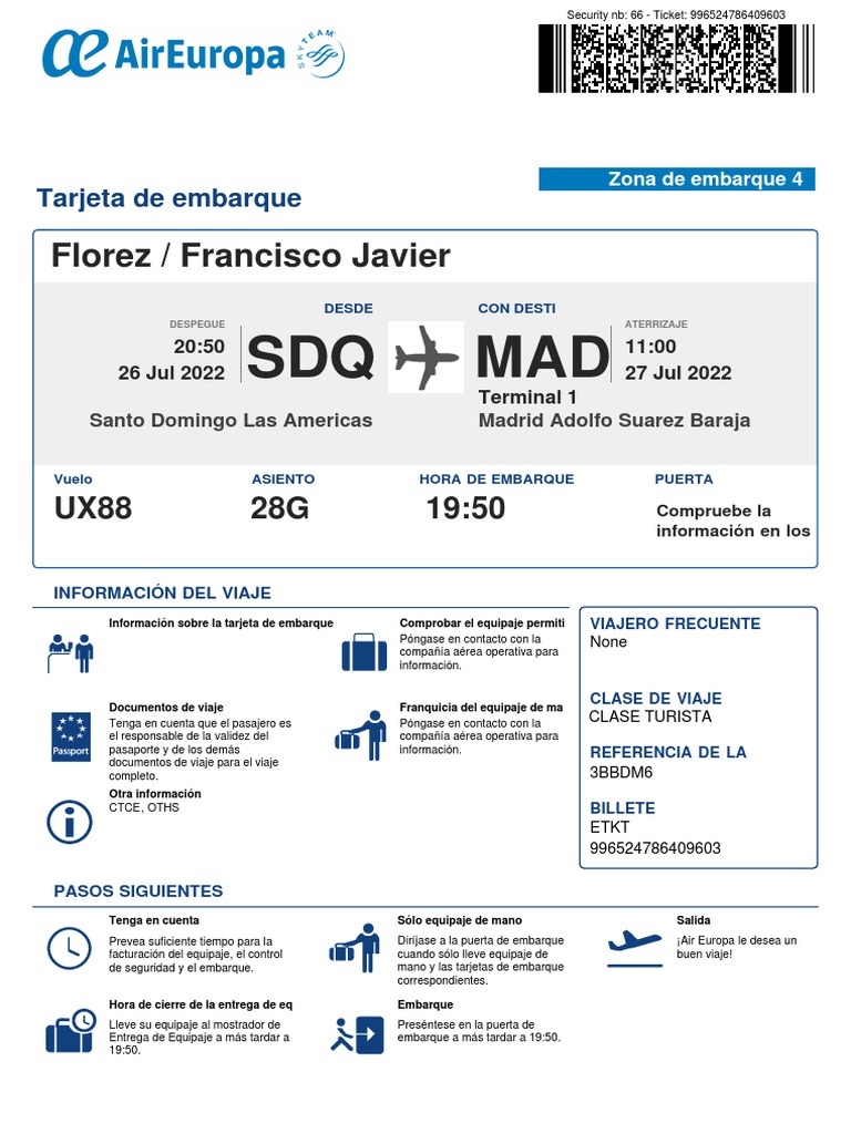Tarjeta de Embarque Air Europa UX88 | PDF | Seguridad de transporte ...