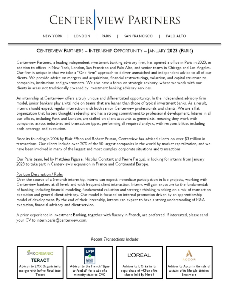 Centerview Partners Paris Internship 2023 | PDF | Investment Banking ...