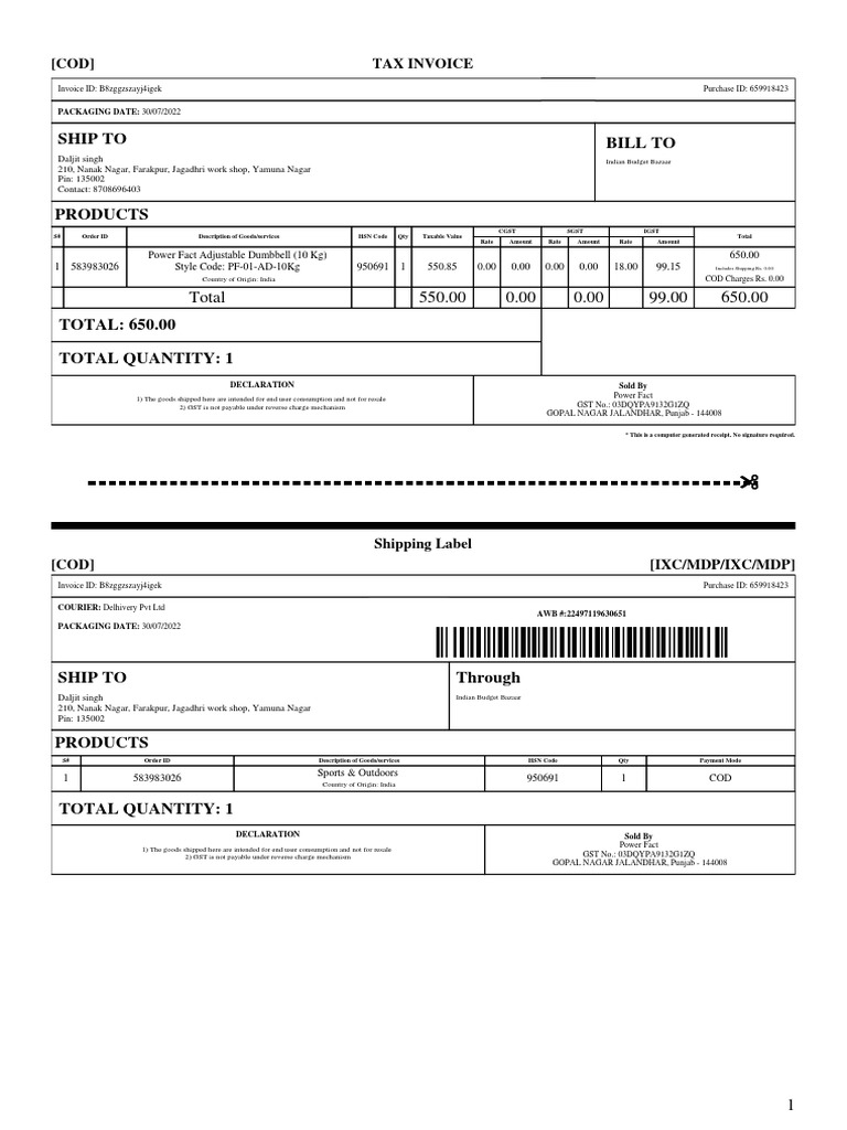 Invoice for Adjustable Dumbbell Purchase | PDF | Economies | Taxation