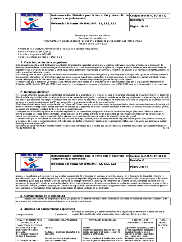 01 TecNM-AC-PO-003-02 Admon de La Salud y Seg Ocupacional | PDF ...