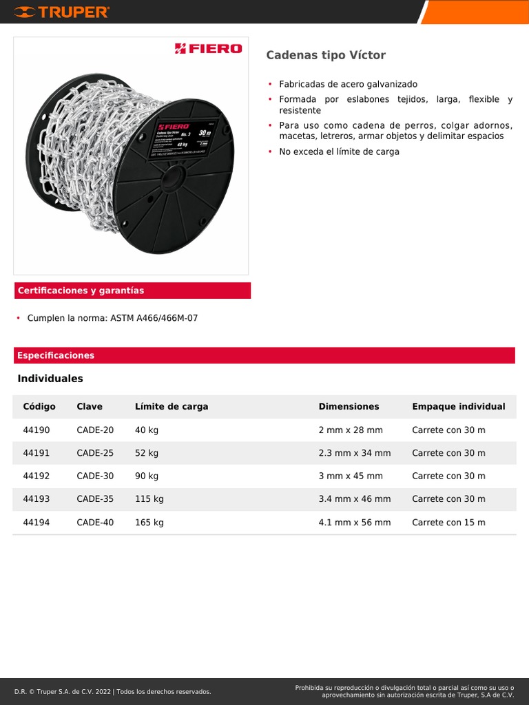 Cadena Tipo Victor 2.3mm Fiero 44191 52 Kilos Carrete Con 30mts | PDF