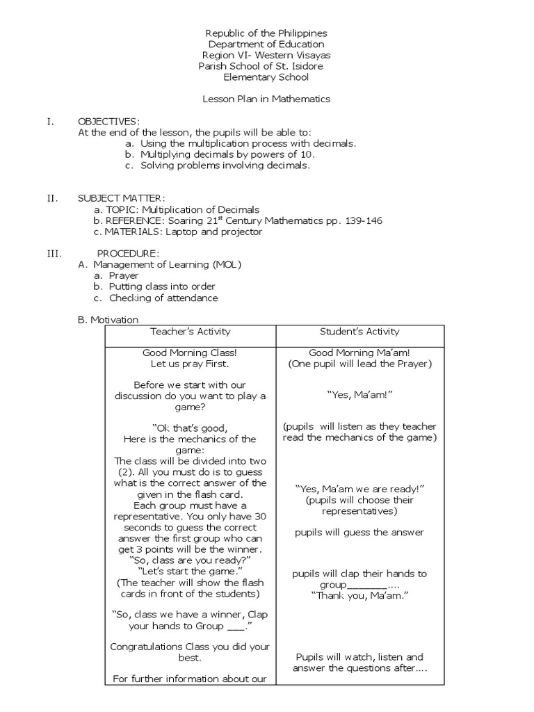 Math Lesson Plan | PDF | Multiplication | Lesson Plan