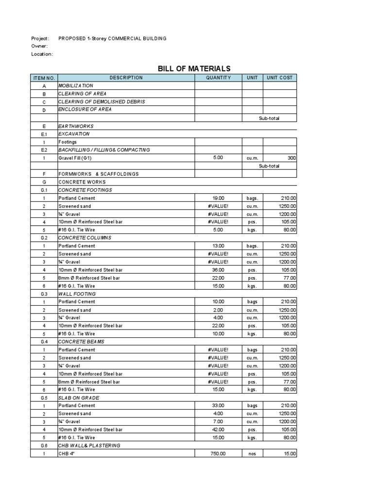 Bill of Materials: Mobilization Clearing of Area Clearing of Demolished ...