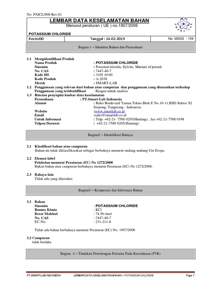 G. MSDS - POTASSIUM - CHLORIDE - (INDO) | PDF