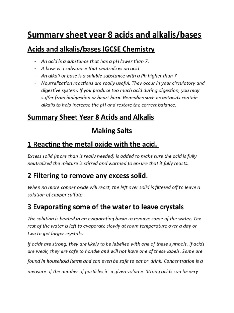 Summary Sheet Year 8 Acids and Alkalis | PDF | Chemical Elements | Atoms