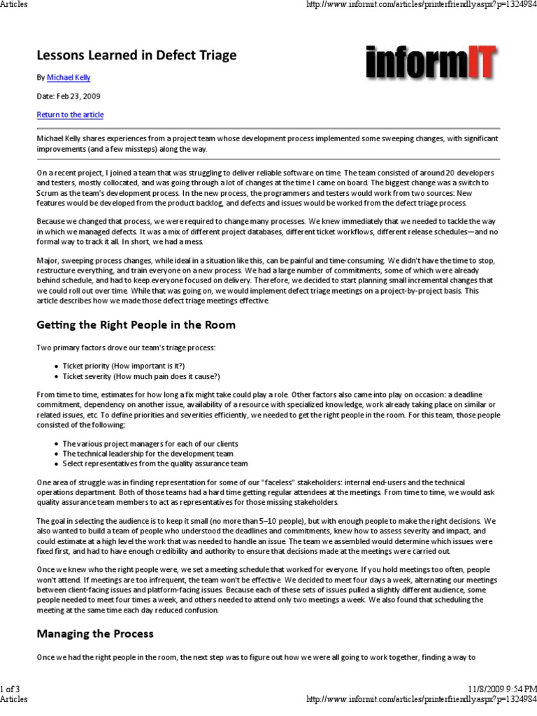 Lessons Learned in Defect Triage | PDF | Scrum (Software Development ...