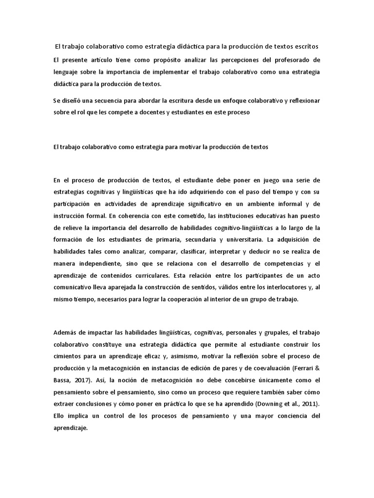 El Trabajo Colaborativo Como Estrategia Didáctica para La Producción de ... El Trabajo Colaborativo Como Estrategia Didáctica para La Producción de ...